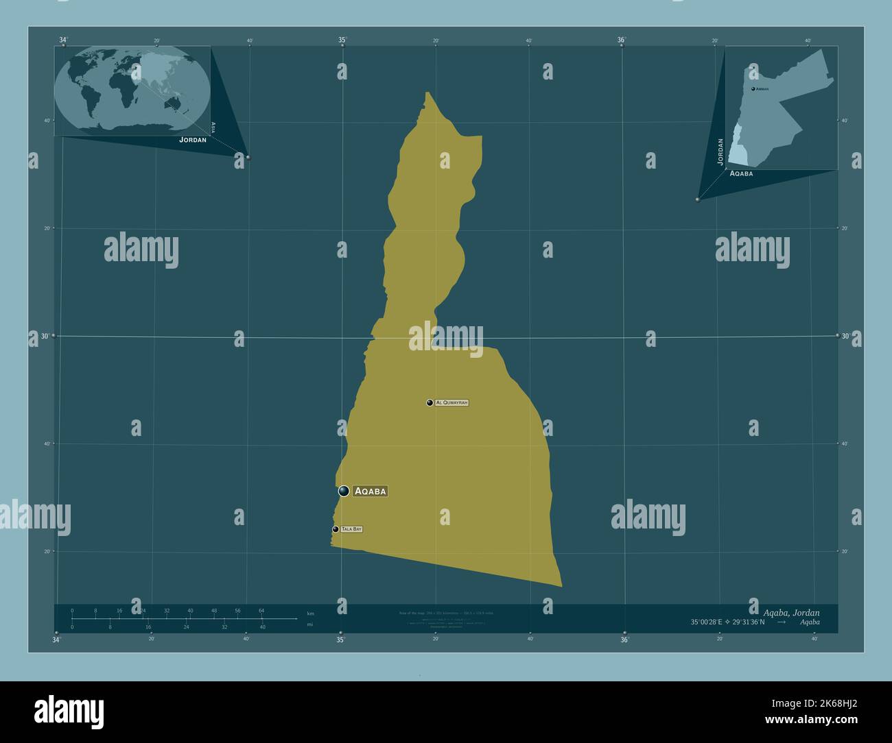 Aqaba, province of Jordan. Solid color shape. Locations and names of ...