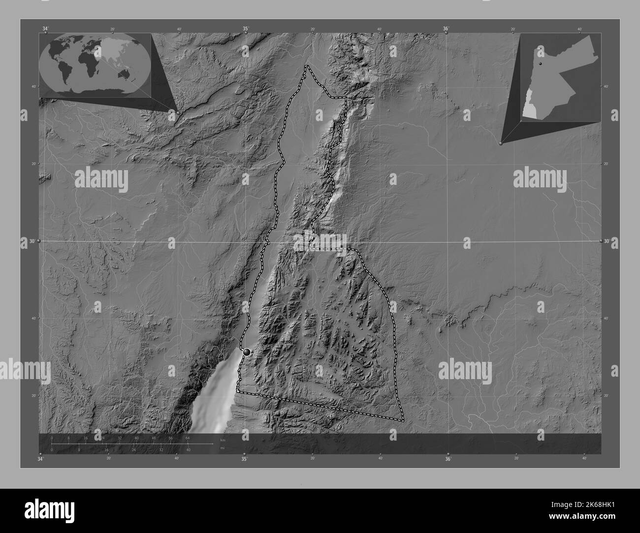 Aqaba, province of Jordan. Bilevel elevation map with lakes and rivers ...