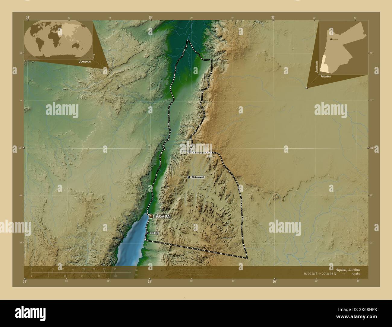 Aqaba, province of Jordan. Colored elevation map with lakes and rivers ...