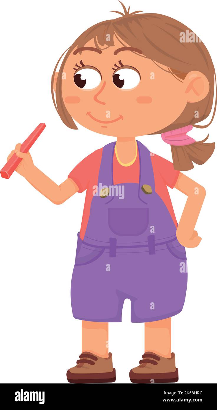 Funny girl with red crayon. Creative kid character Stock Vector Image ...