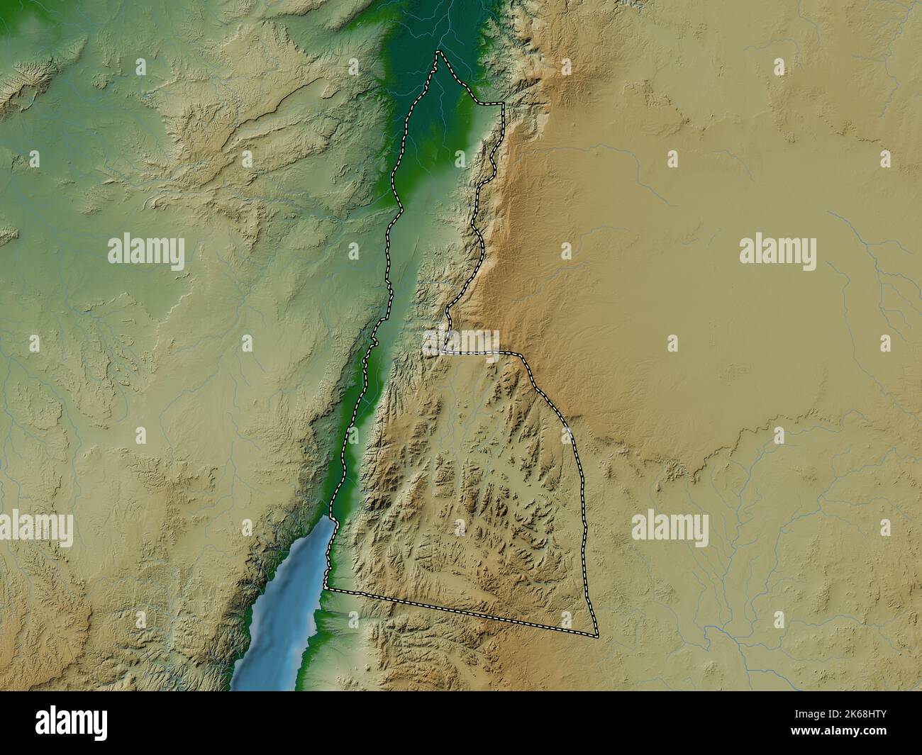 Aqaba, province of Jordan. Colored elevation map with lakes and rivers ...