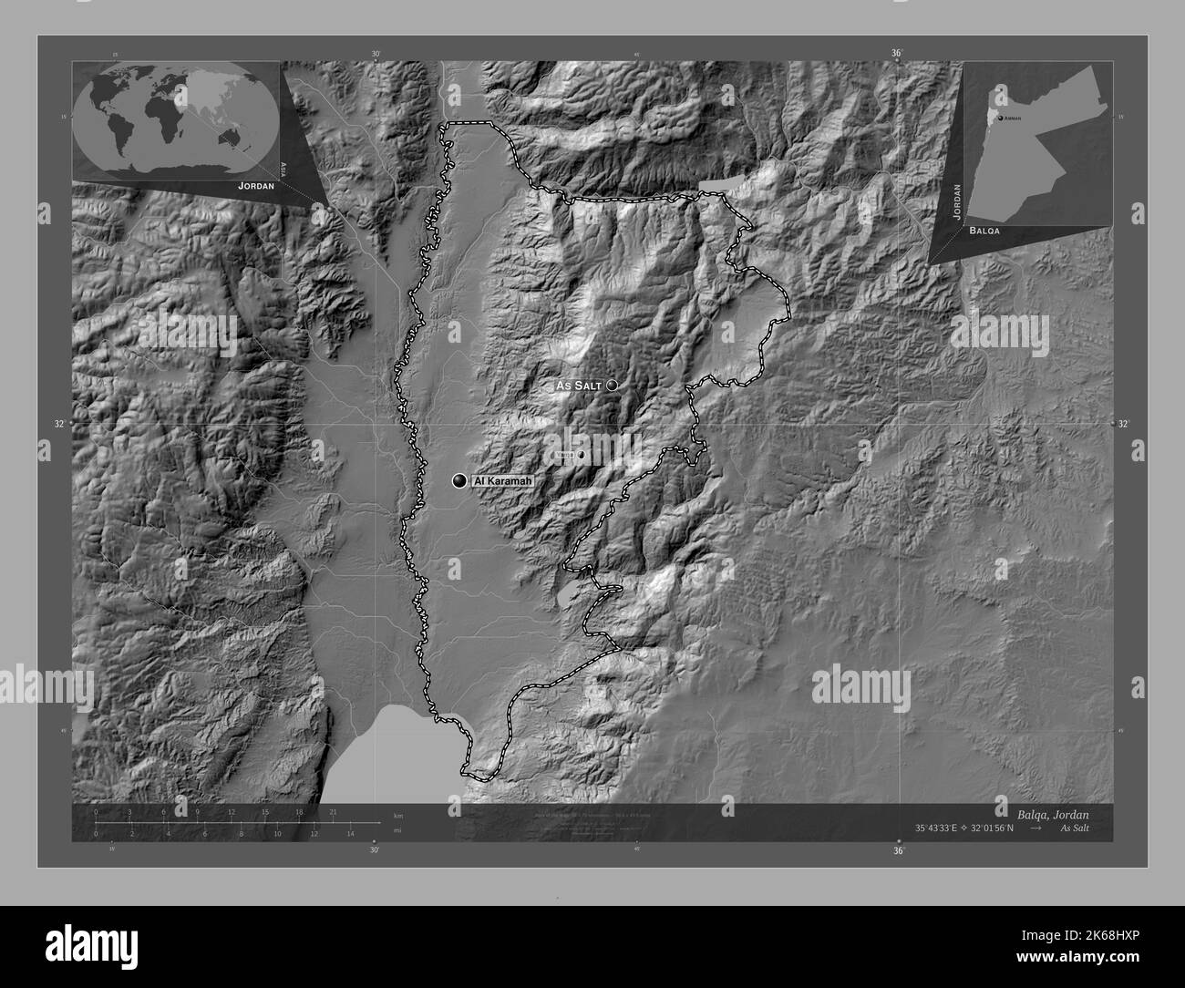 Balqa, province of Jordan. Bilevel elevation map with lakes and rivers ...