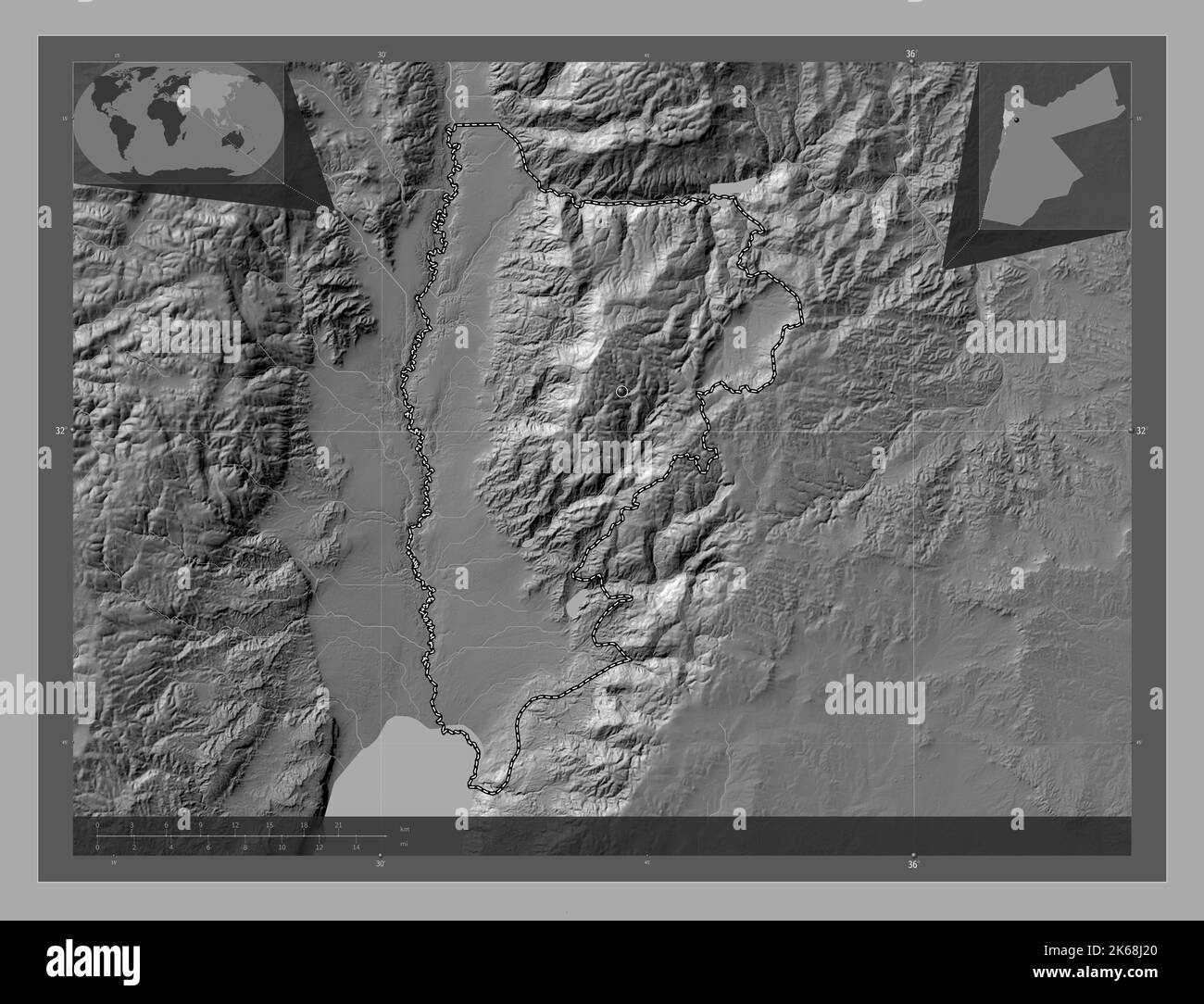 Balqa, province of Jordan. Bilevel elevation map with lakes and rivers ...