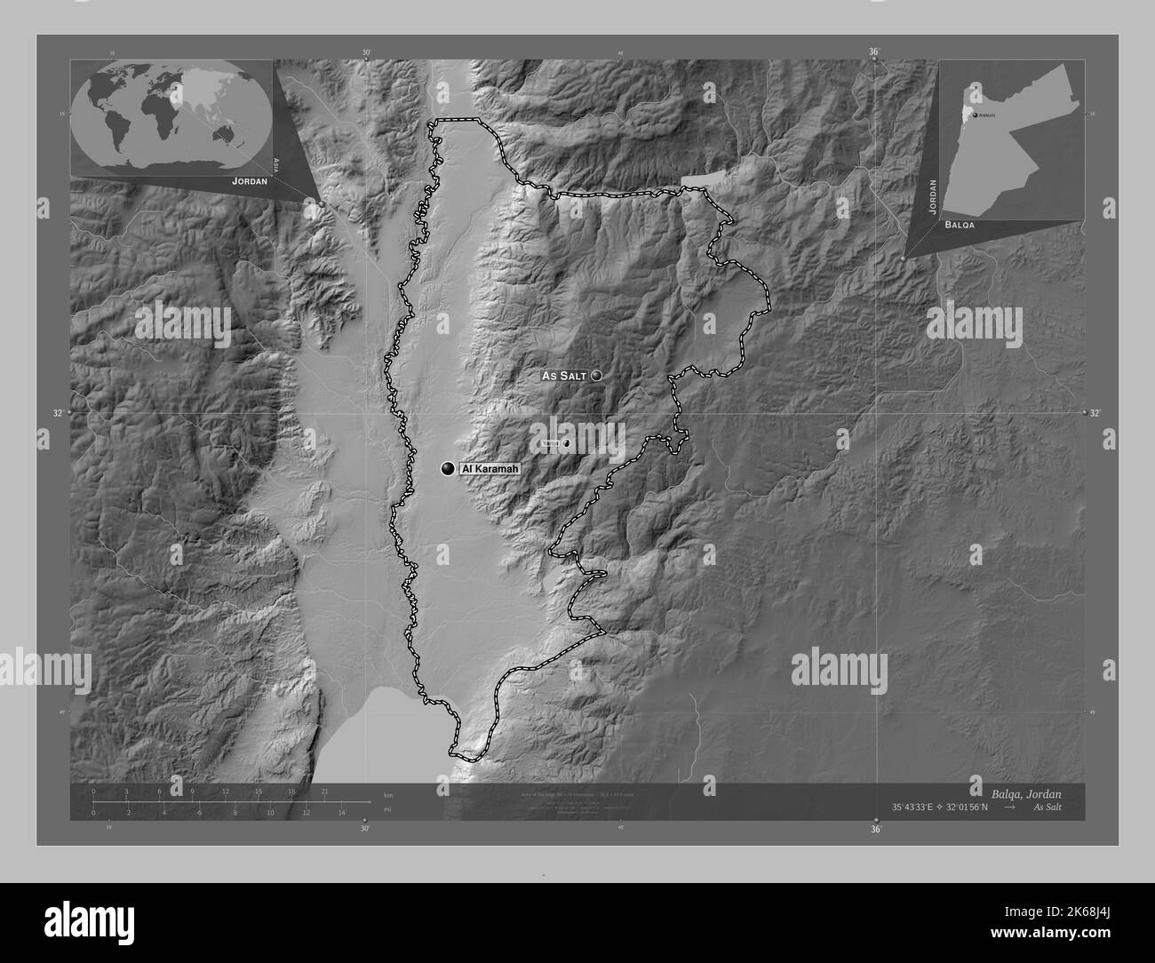 Balqa, province of Jordan. Grayscale elevation map with lakes and ...