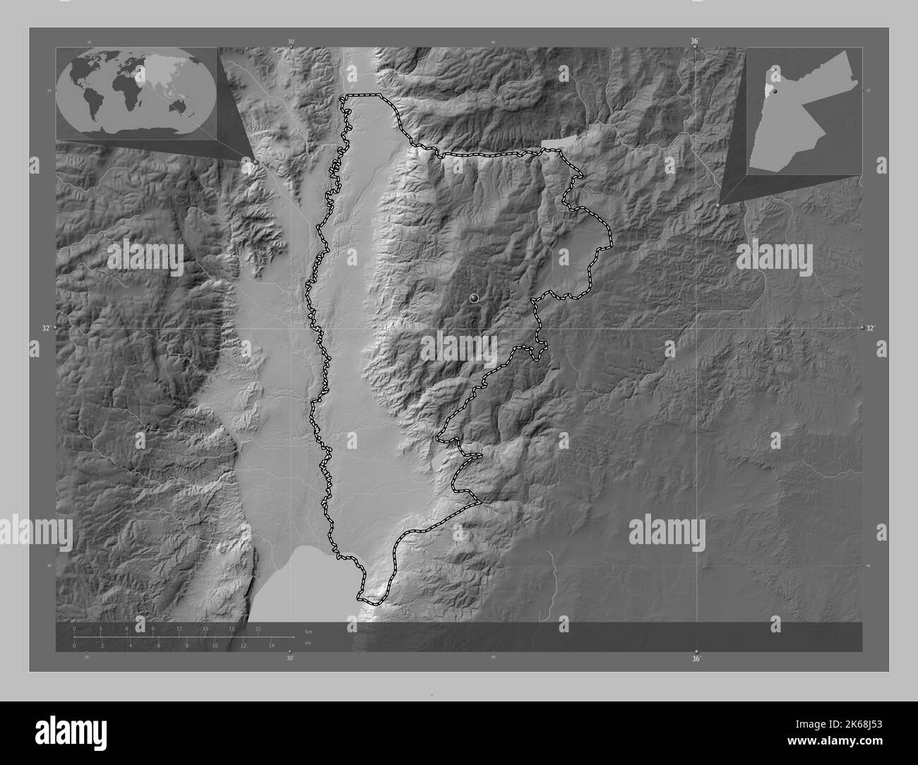 Balqa, province of Jordan. Grayscale elevation map with lakes and ...
