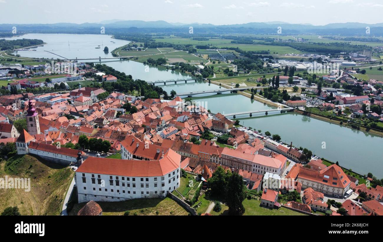 An aerial of Ptuj Grad in Slovenia, the historic old town and castle ...