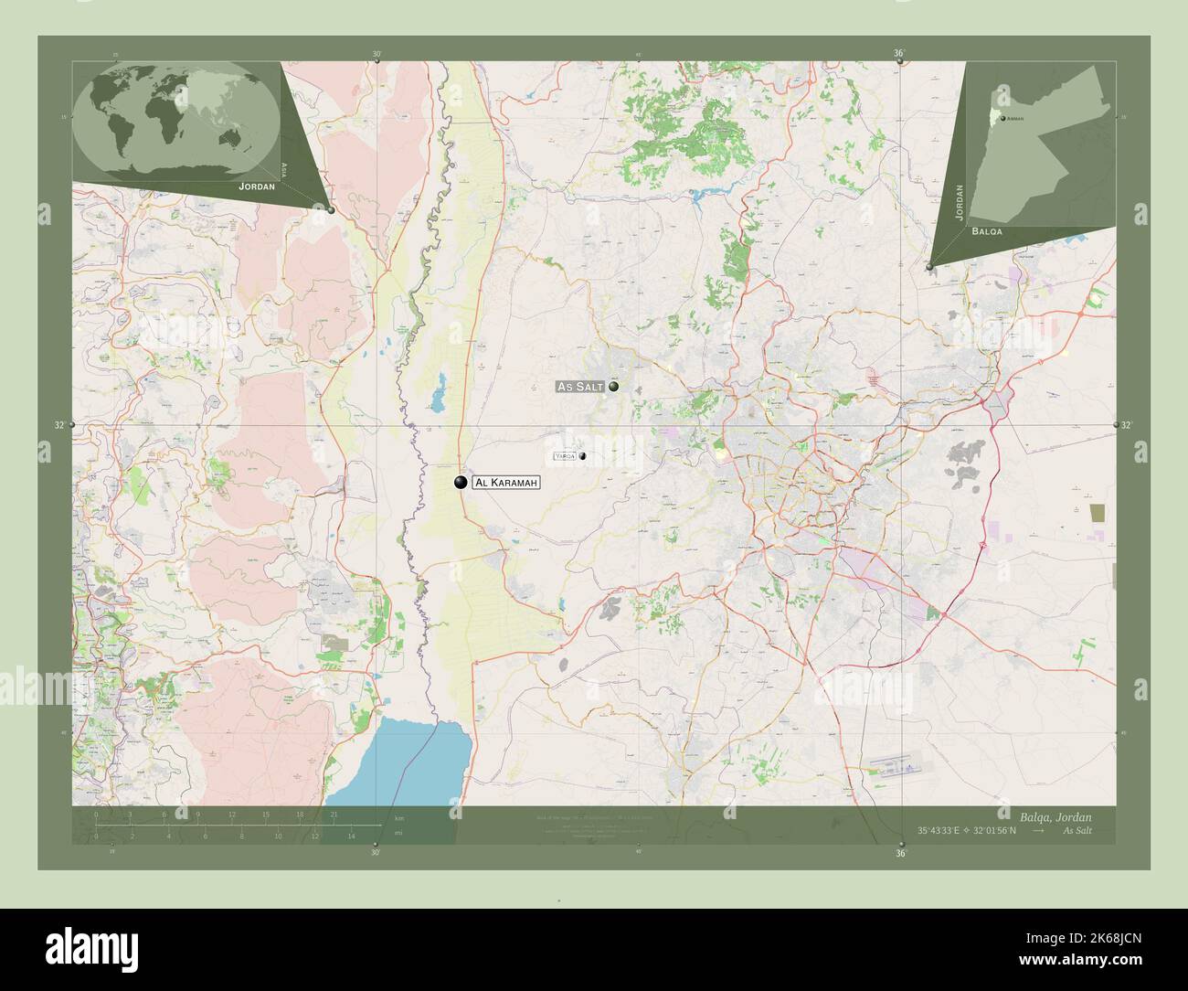 Balqa, province of Jordan. Open Street Map. Locations and names of ...