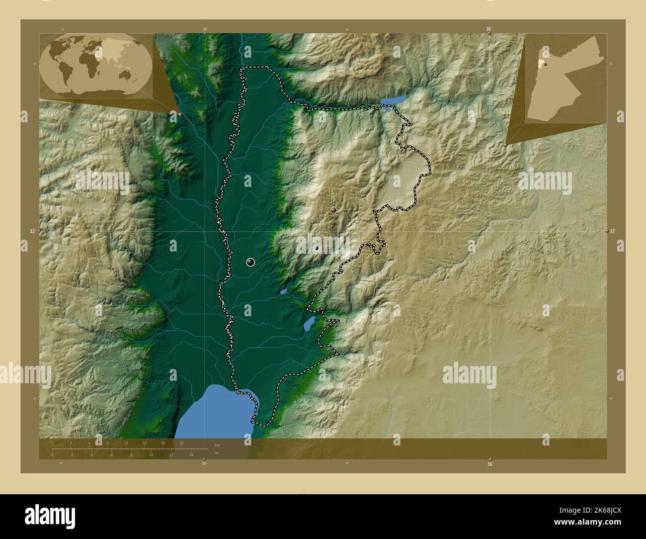 Balqa, province of Jordan. Colored elevation map with lakes and rivers ...