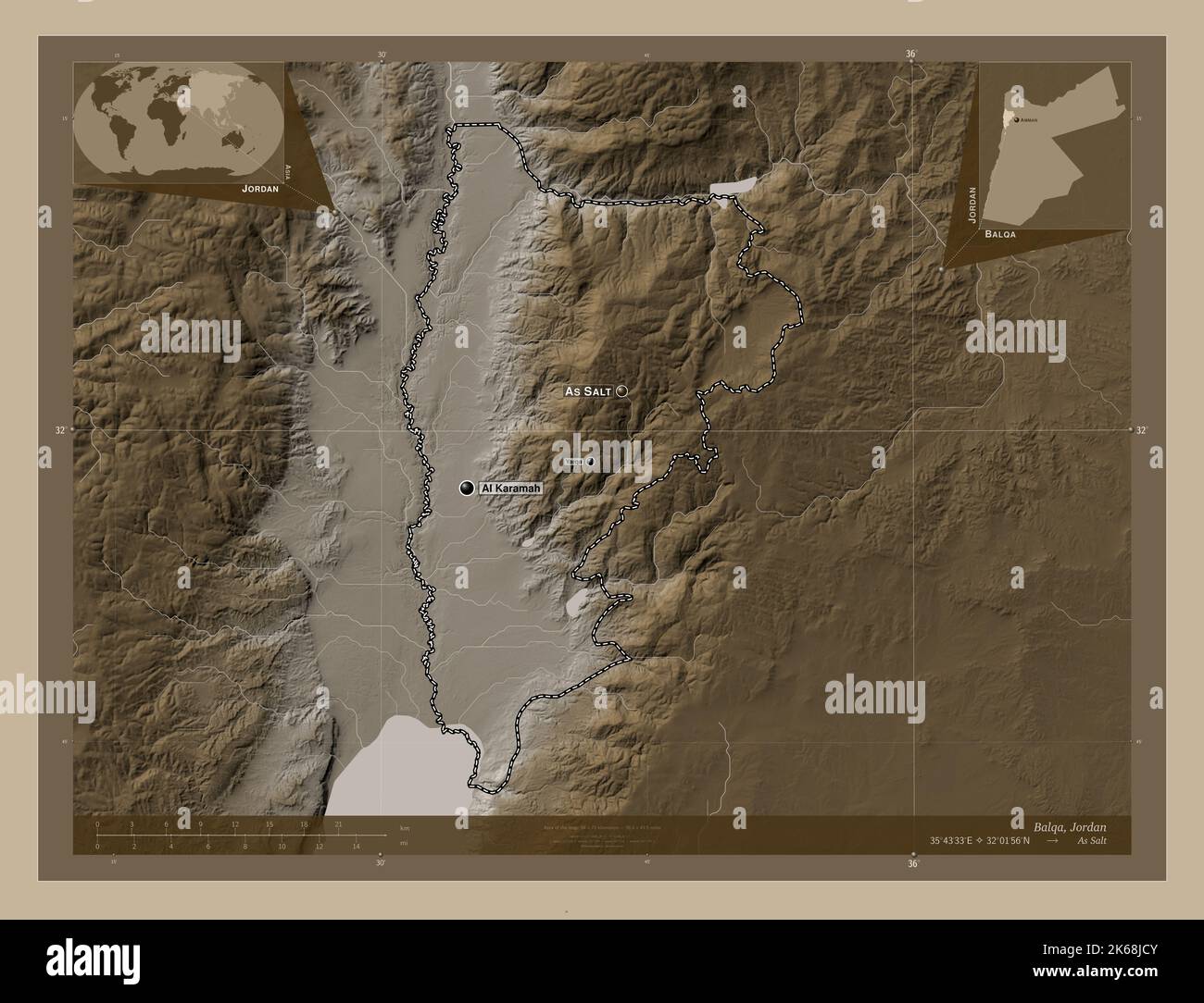 Balqa, province of Jordan. Elevation map colored in sepia tones with ...
