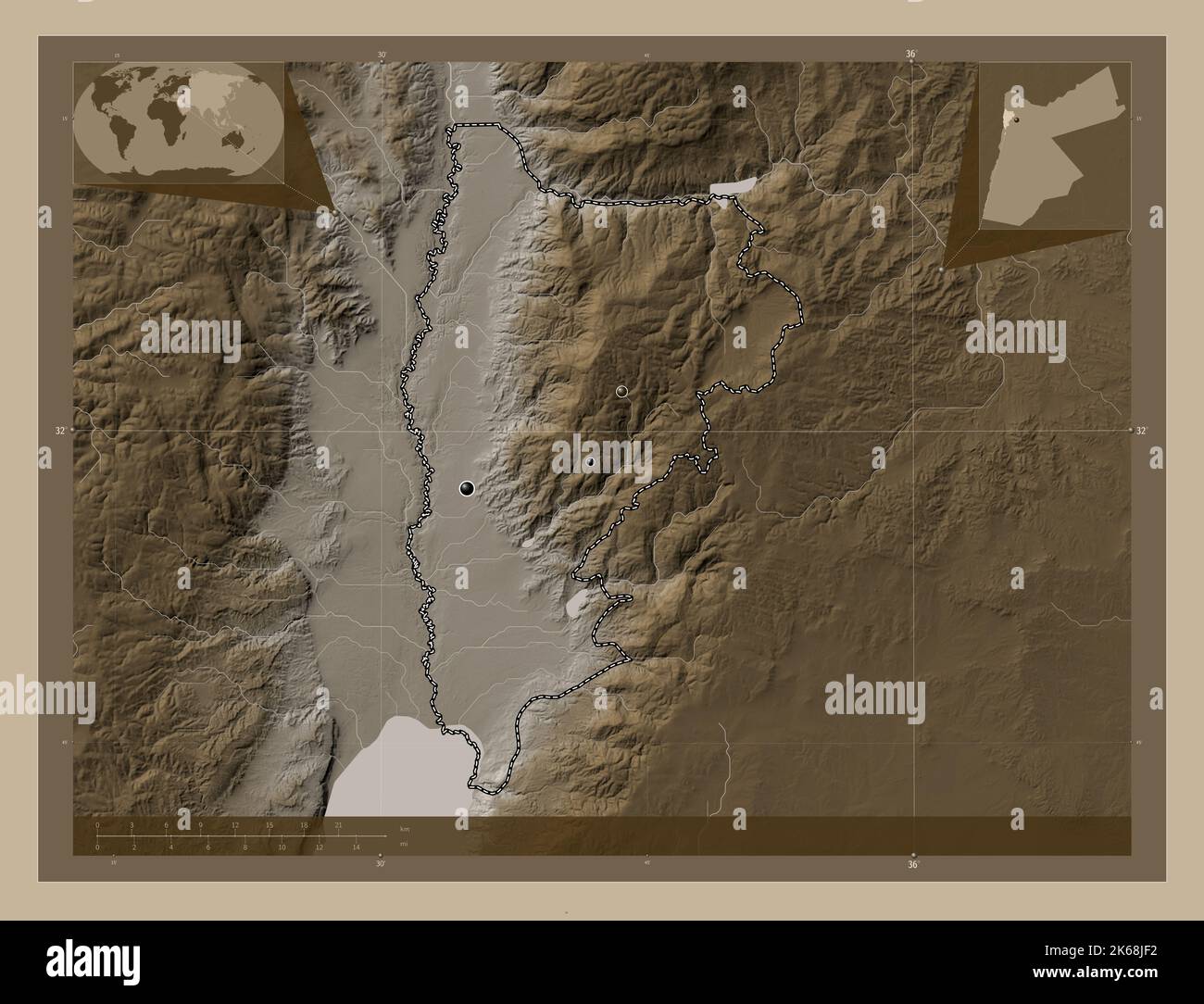 Balqa, province of Jordan. Elevation map colored in sepia tones with ...