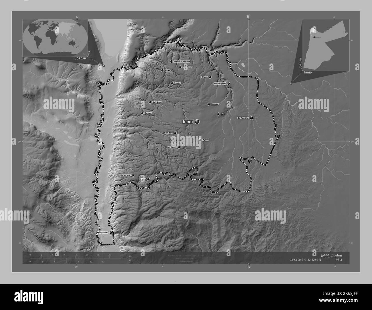 Irbid, province of Jordan. Grayscale elevation map with lakes and ...