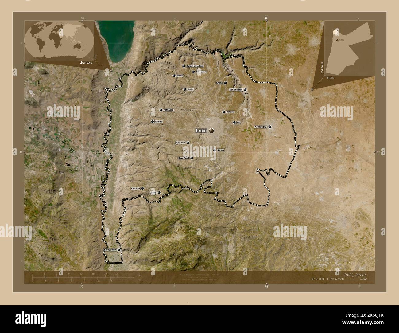 Irbid, province of Jordan. Low resolution satellite map. Locations and ...