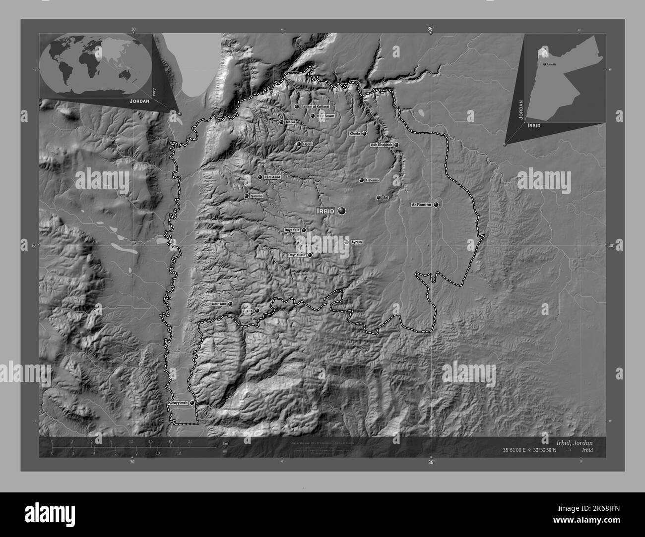 Irbid, province of Jordan. Bilevel elevation map with lakes and rivers ...