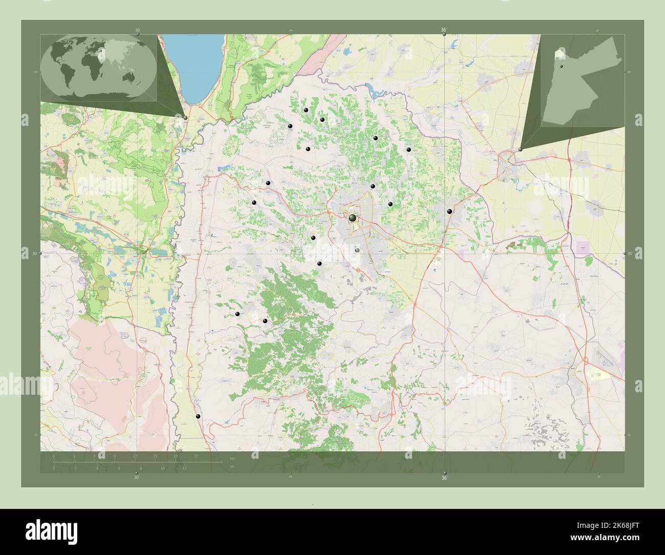 Irbid, province of Jordan. Open Street Map. Locations of major cities ...