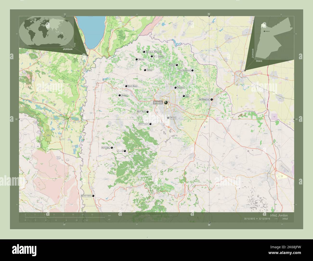 Irbid, province of Jordan. Open Street Map. Locations and names of major cities of the region ...