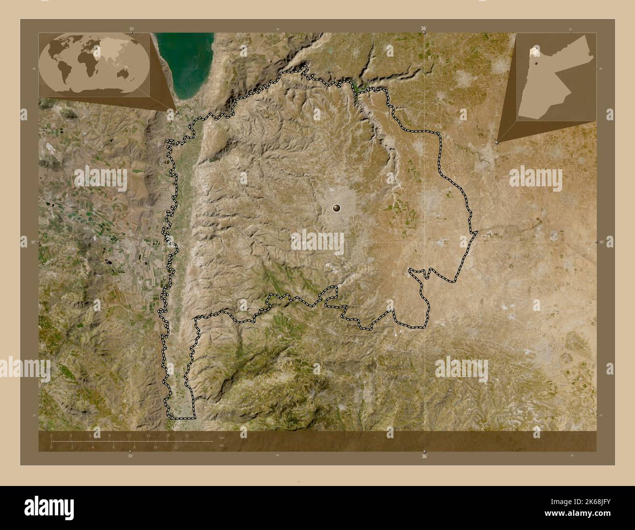 Irbid, province of Jordan. Low resolution satellite map. Corner ...