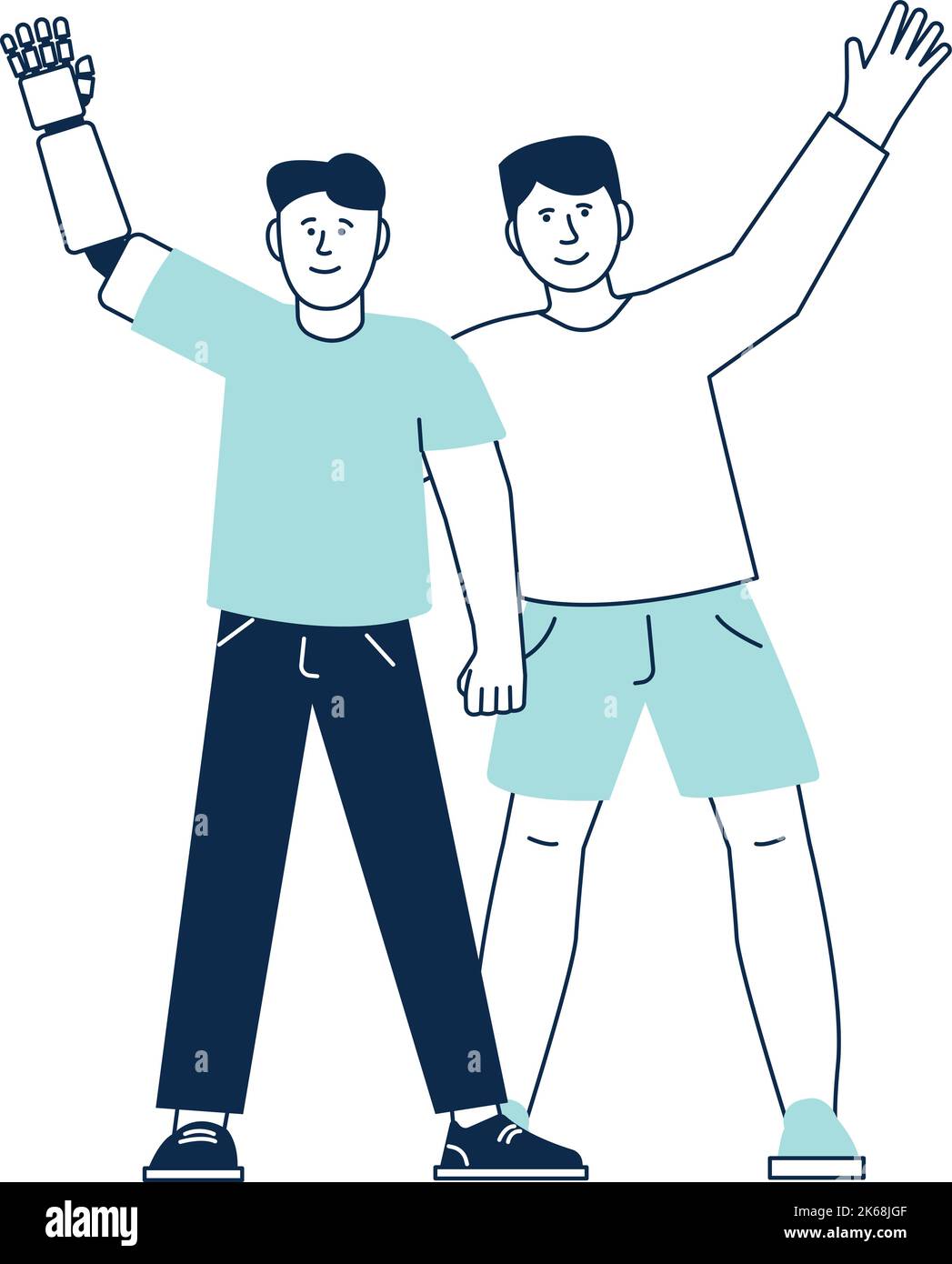 Person with prosthetic arm happy with friend. Diverse friendship Stock ...