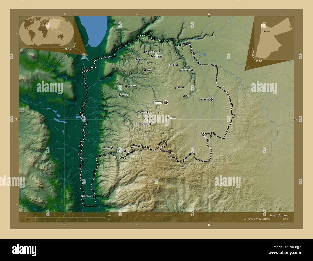 Irbid, province of Jordan. Colored elevation map with lakes and rivers ...