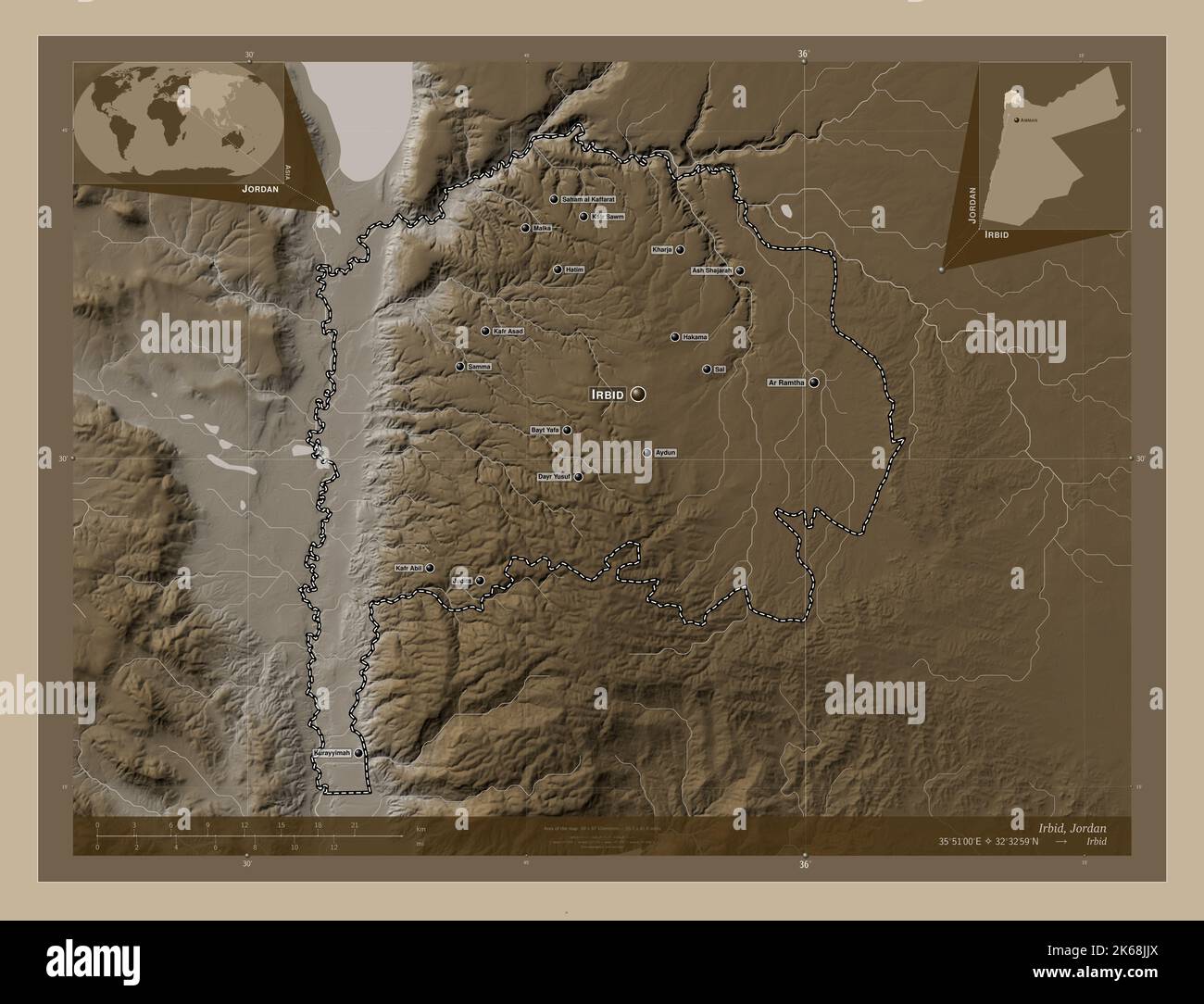 Irbid, province of Jordan. Elevation map colored in sepia tones with ...