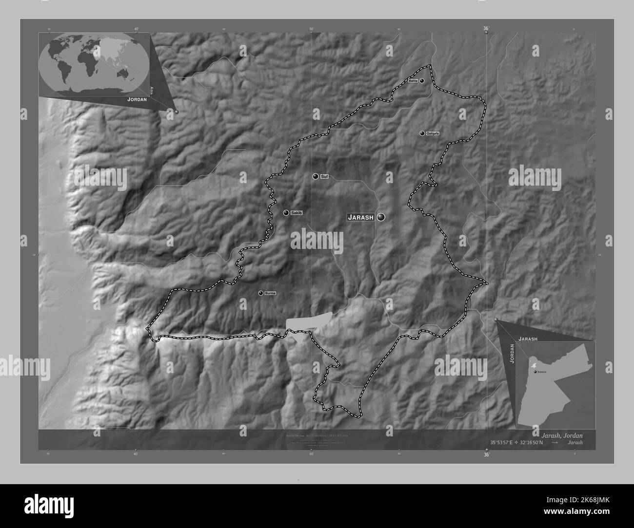 Jarash, province of Jordan. Grayscale elevation map with lakes and ...