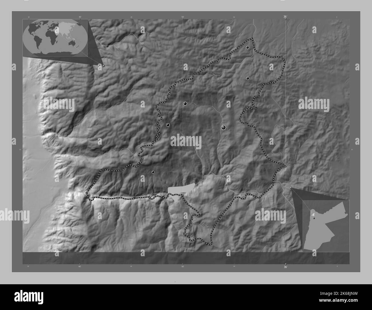Jarash, province of Jordan. Grayscale elevation map with lakes and ...