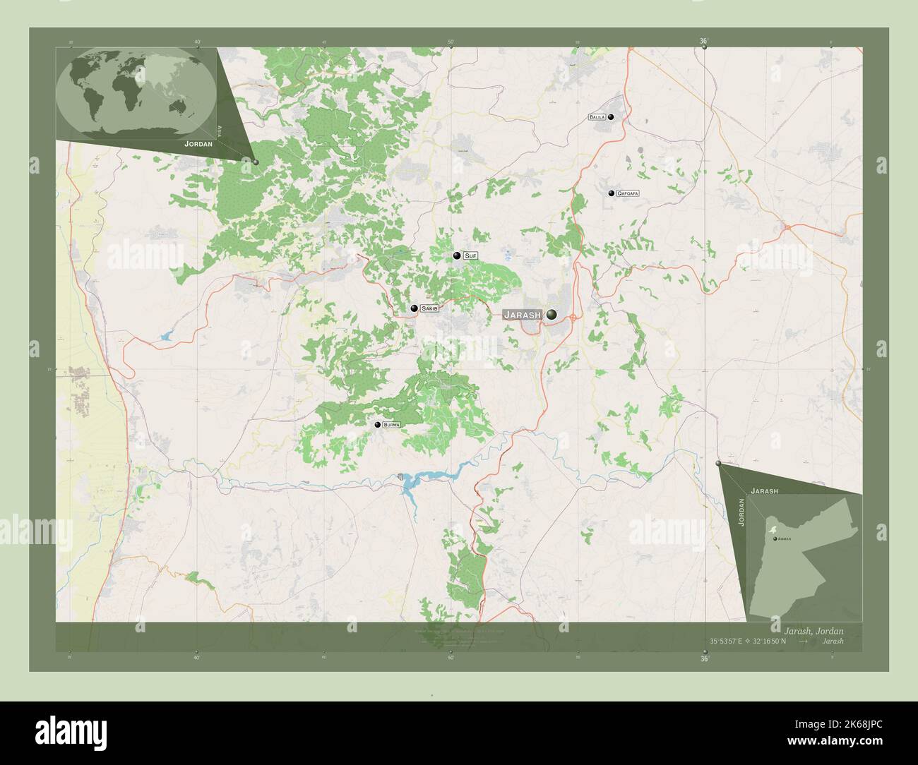 Jarash, province of Jordan. Open Street Map. Locations and names of ...