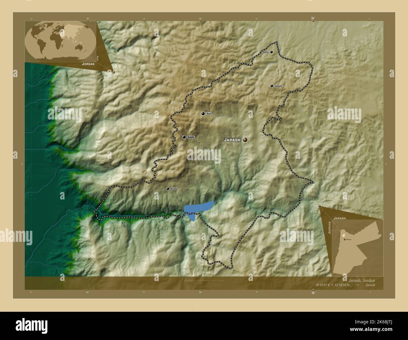 Jarash, province of Jordan. Colored elevation map with lakes and rivers ...
