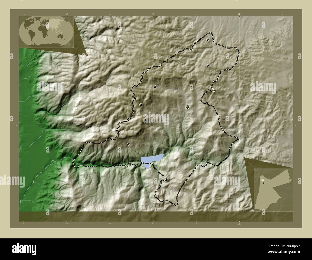 Jarash, province of Jordan. Elevation map colored in wiki style with ...