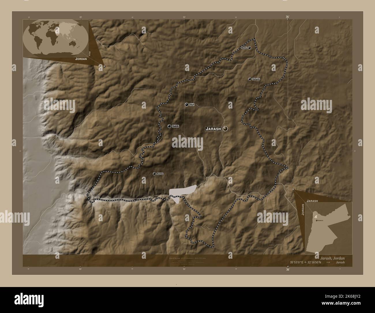 Jarash, province of Jordan. Elevation map colored in sepia tones with ...