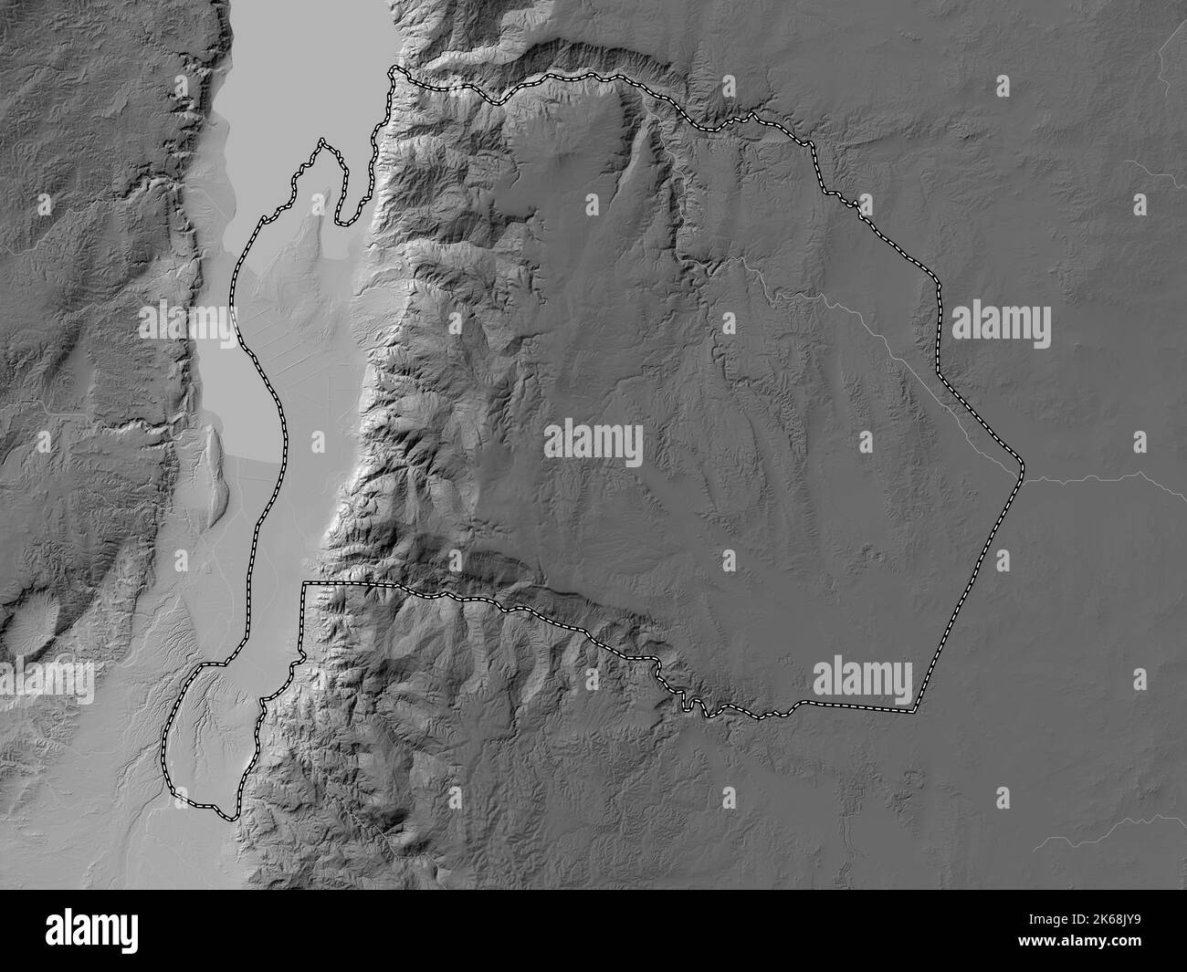 Karak, province of Jordan. Grayscale elevation map with lakes and ...