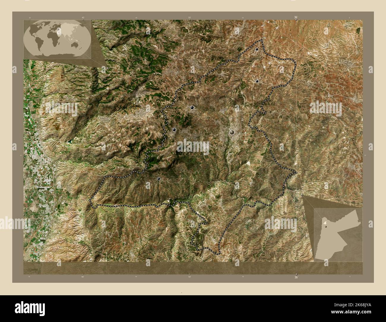 Jarash, province of Jordan. High resolution satellite map. Locations of ...