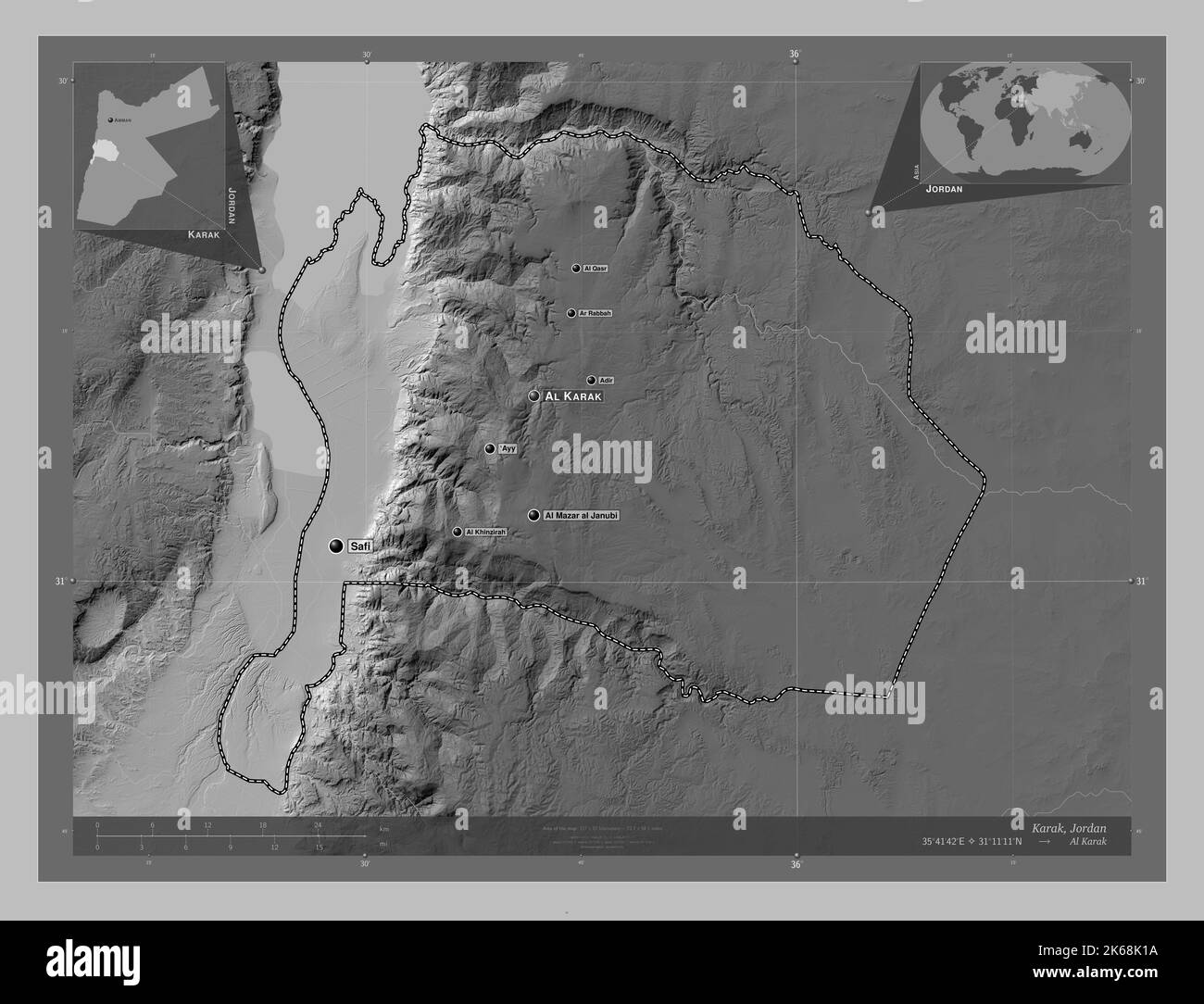 Karak, province of Jordan. Grayscale elevation map with lakes and ... Karak, province of Jordan. Grayscale elevation map with lakes and ...