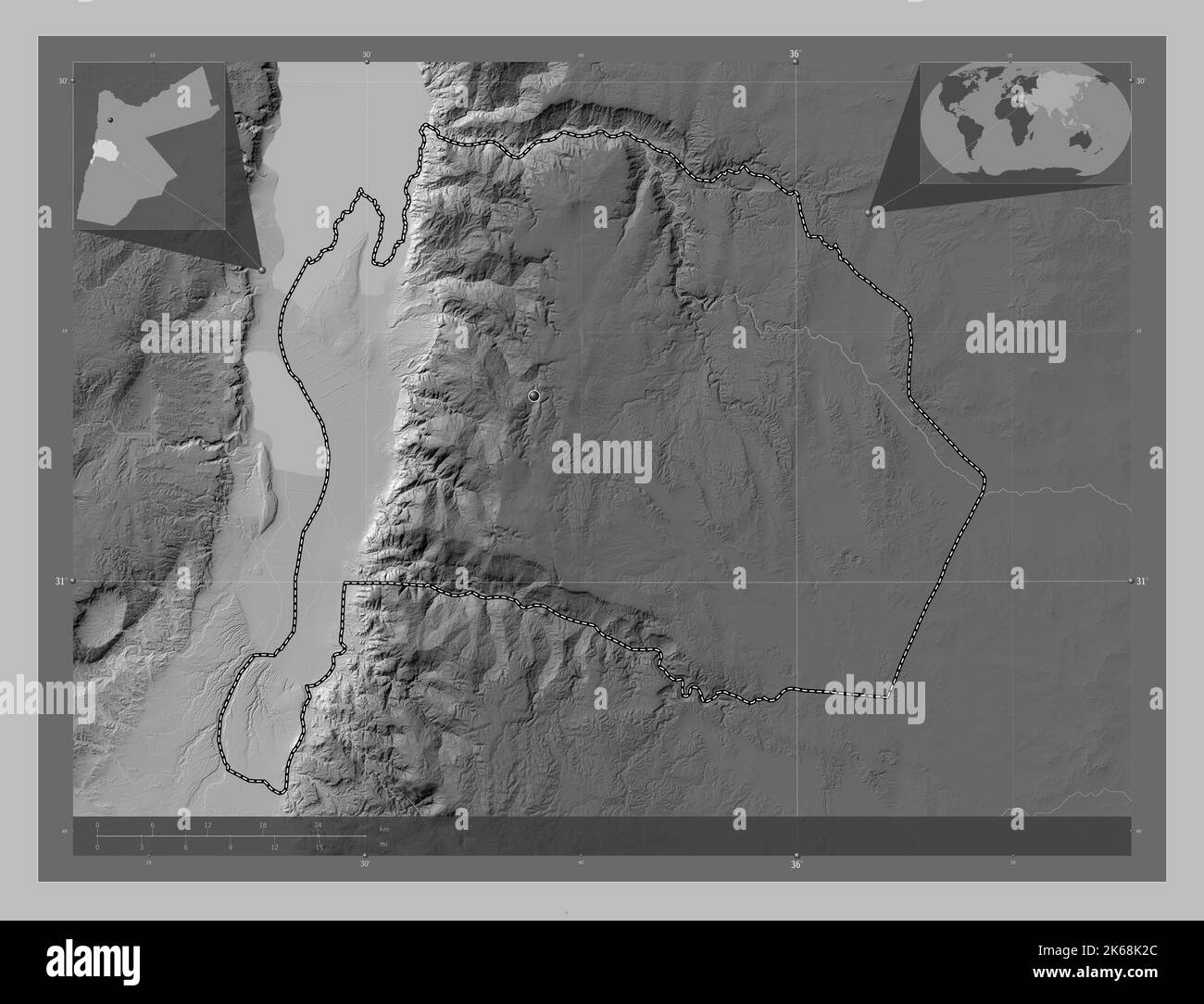 Karak, province of Jordan. Grayscale elevation map with lakes and ...