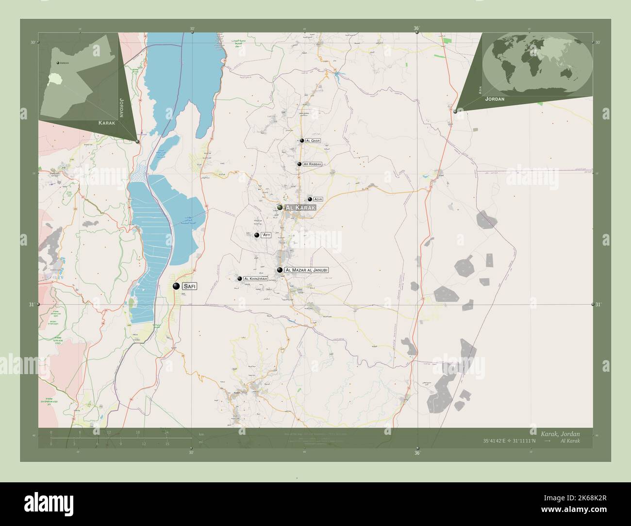 Karak, province of Jordan. Open Street Map. Locations and names of ...