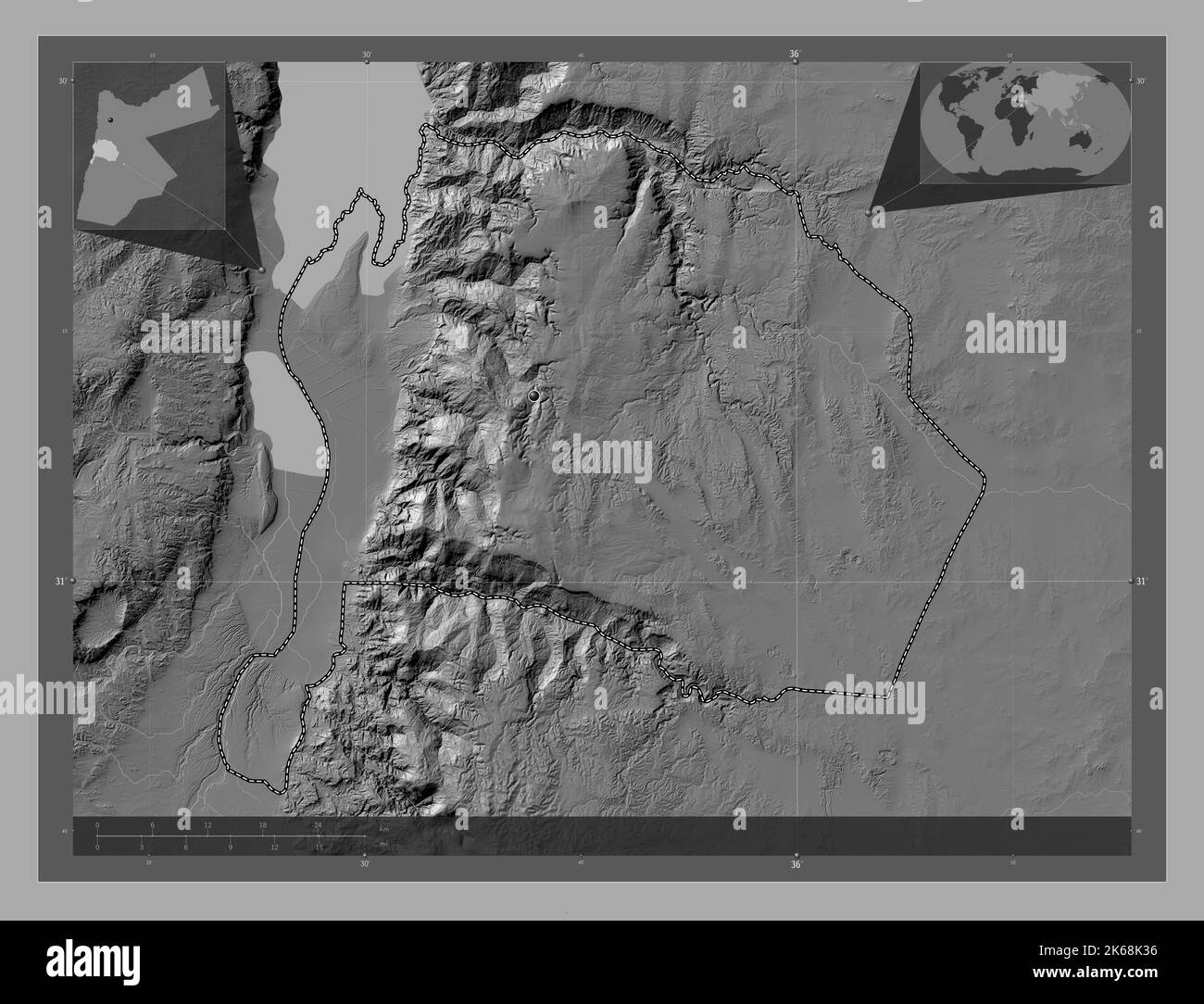 Karak, province of Jordan. Bilevel elevation map with lakes and rivers ...