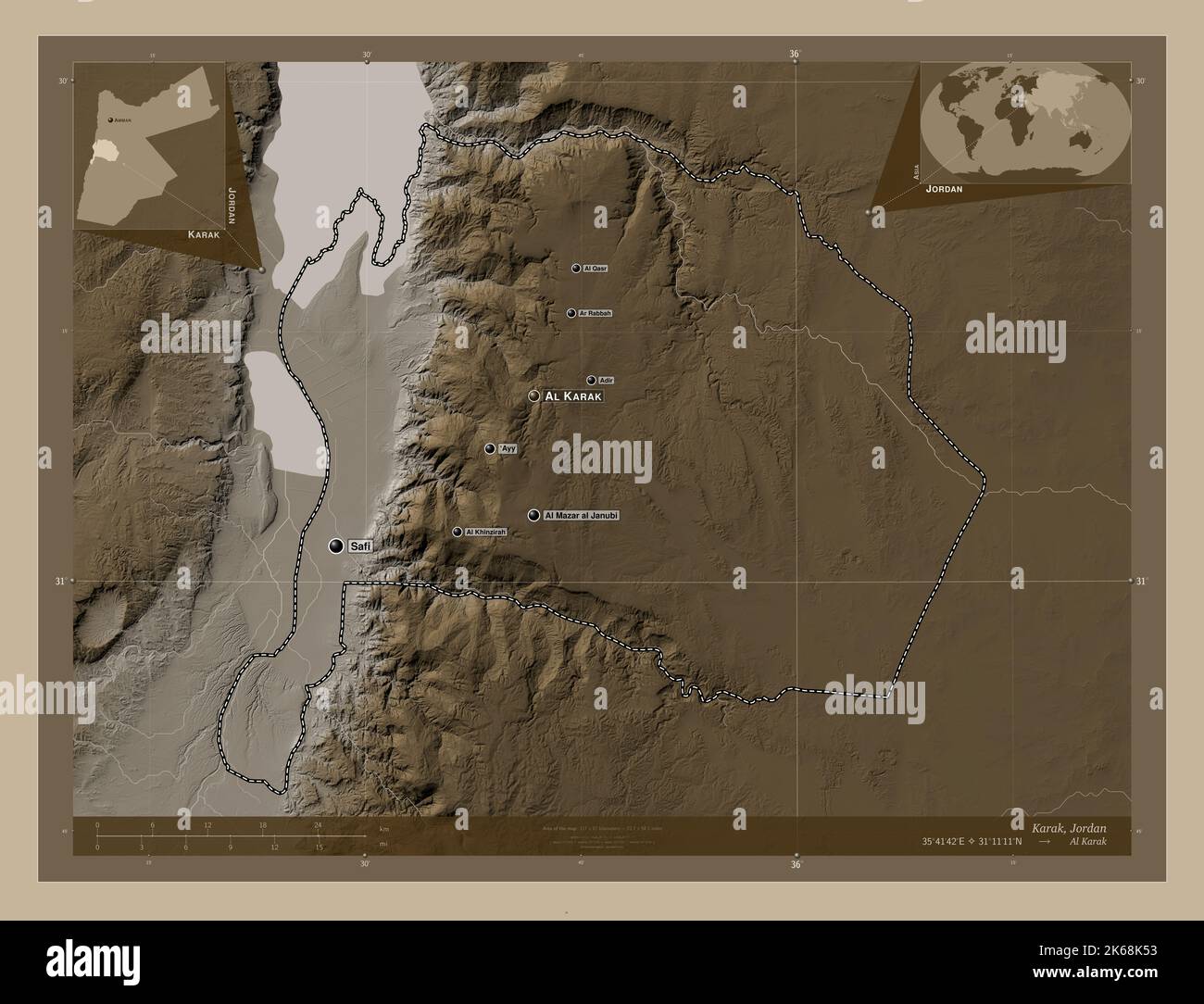 Karak, province of Jordan. Elevation map colored in sepia tones with ...
