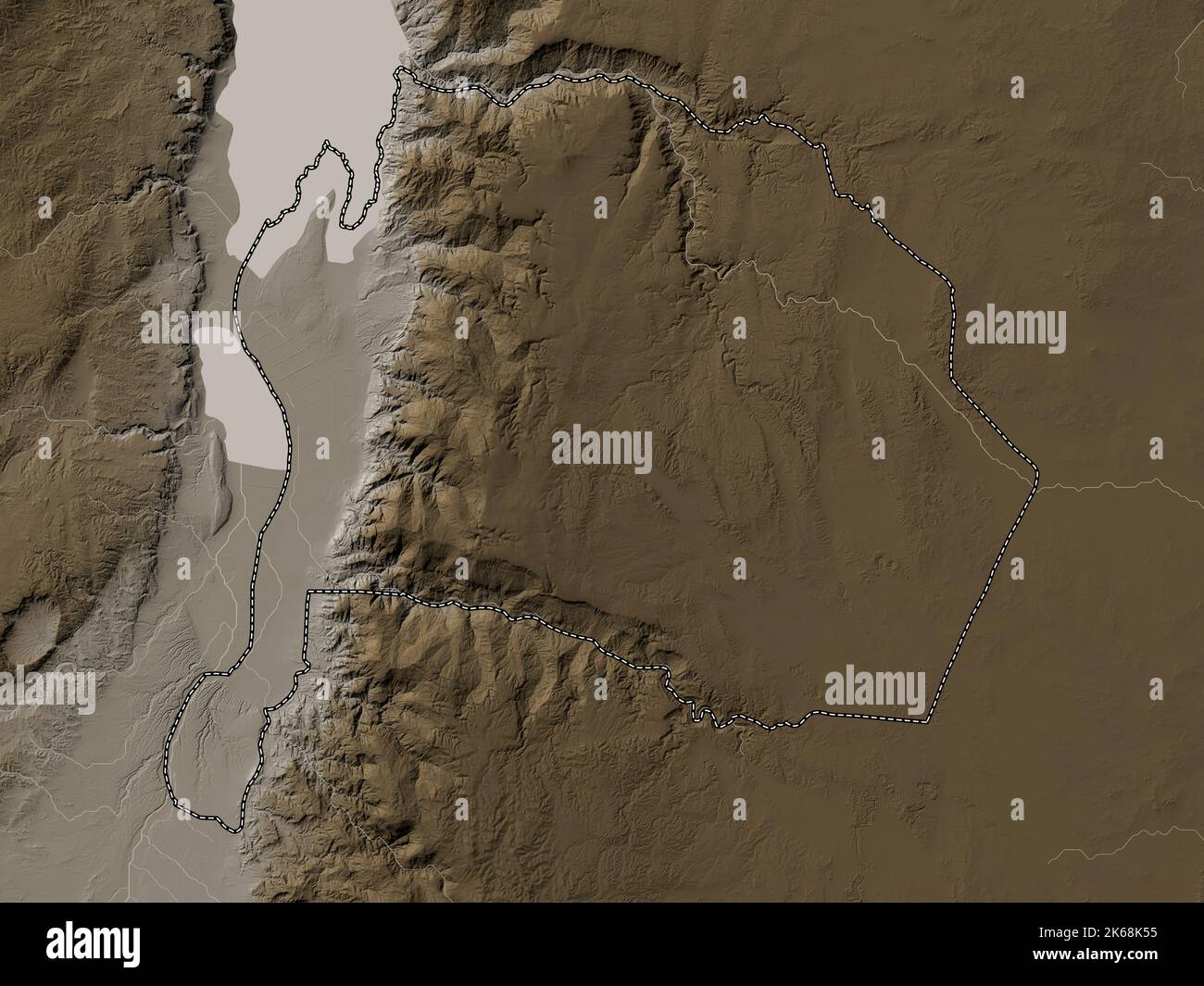 Karak, province of Jordan. Elevation map colored in sepia tones with ...