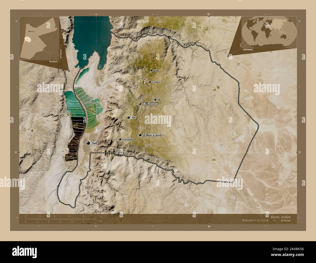 Karak, province of Jordan. Low resolution satellite map. Locations and ...