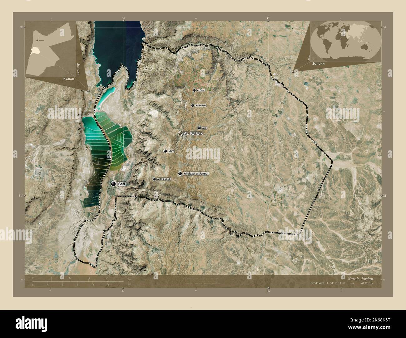 Karak, province of Jordan. High resolution satellite map. Locations and ...