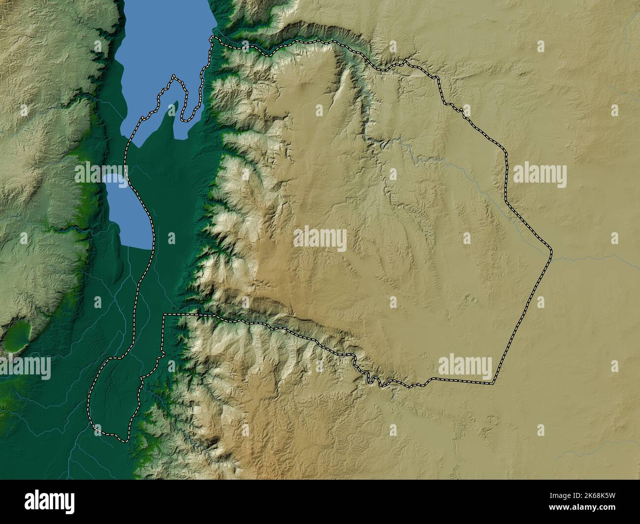 Karak, province of Jordan. Colored elevation map with lakes and rivers ...