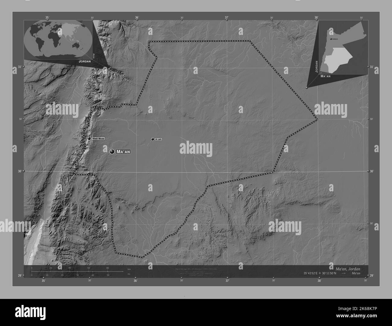 Ma`an, province of Jordan. Bilevel elevation map with lakes and rivers ...
