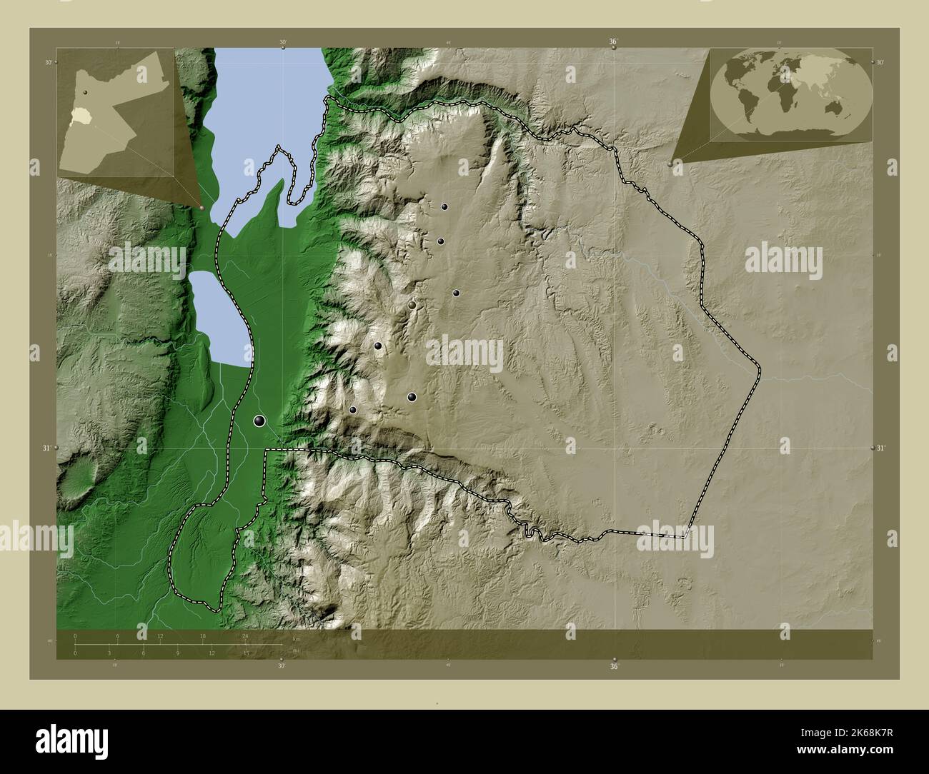 Karak, province of Jordan. Elevation map colored in wiki style with ...