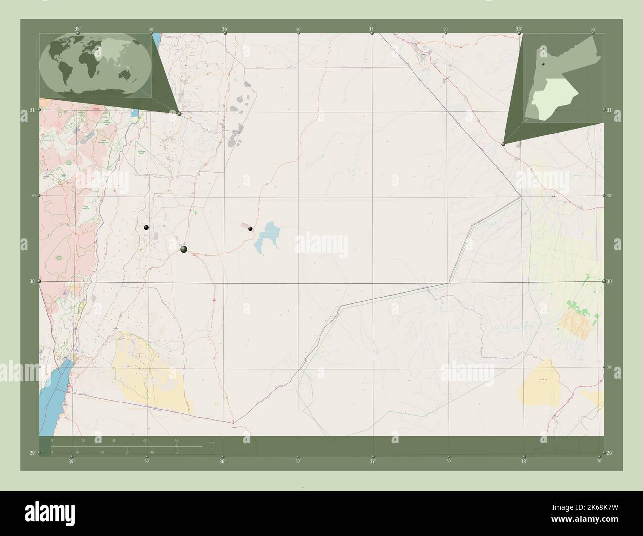 Ma`an, province of Jordan. Open Street Map. Locations of major cities ...