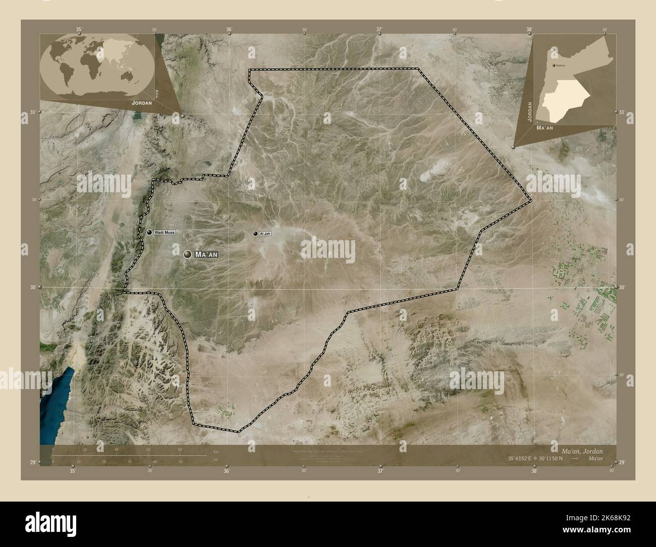 Ma`an, province of Jordan. High resolution satellite map. Locations and ...
