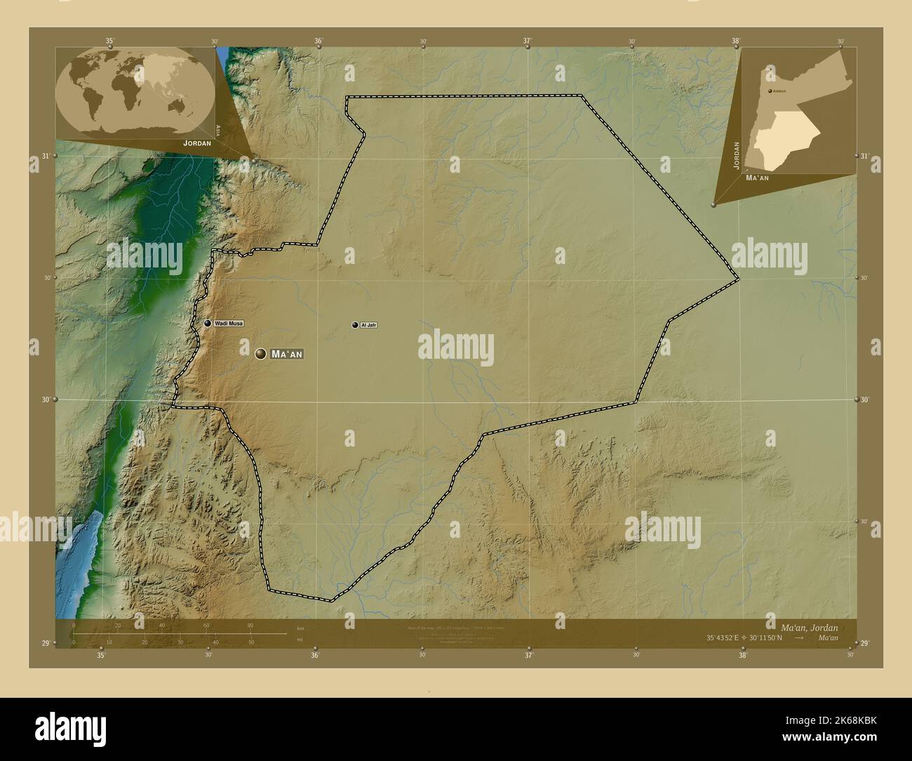 Ma`an, province of Jordan. Colored elevation map with lakes and rivers ...