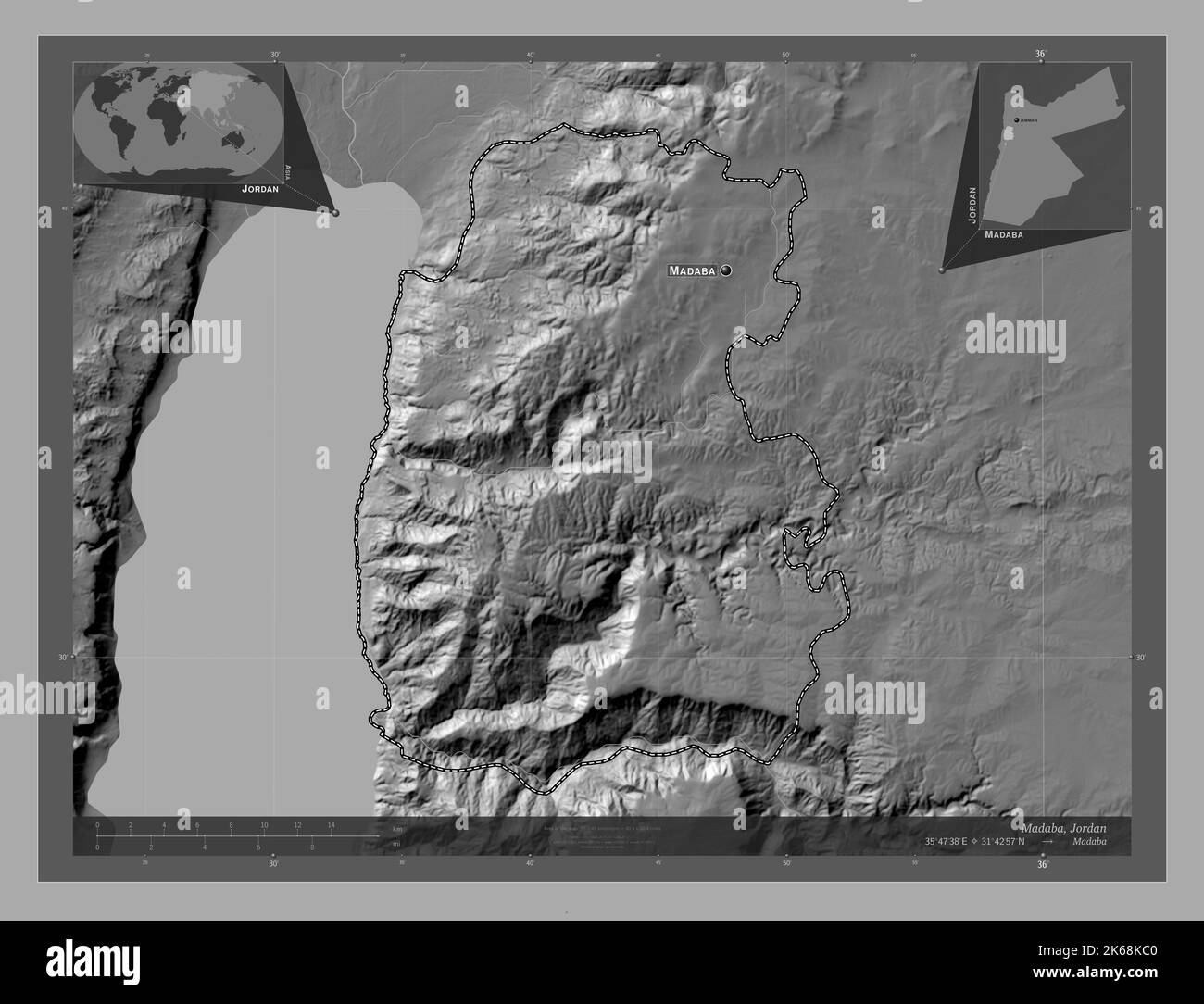 Madaba, province of Jordan. Bilevel elevation map with lakes and rivers ...