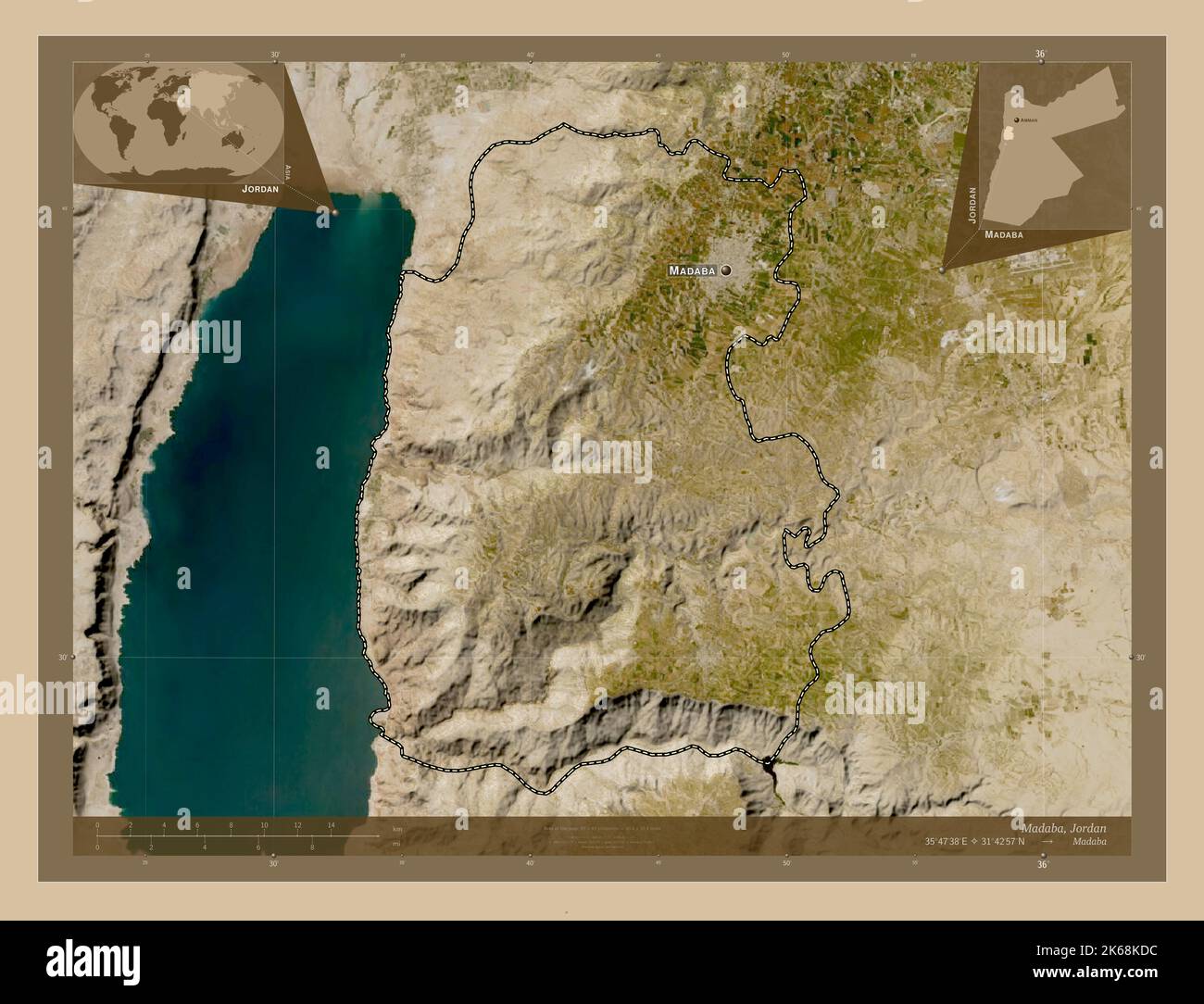Madaba, province of Jordan. Low resolution satellite map. Locations and ...