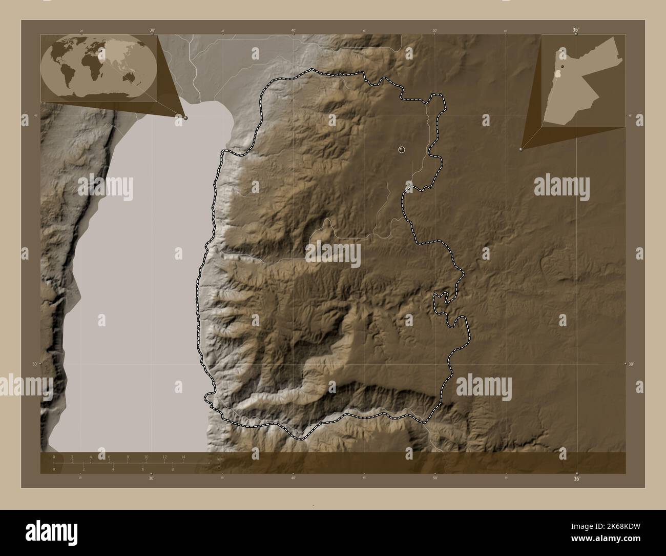 Madaba, province of Jordan. Elevation map colored in sepia tones with ...