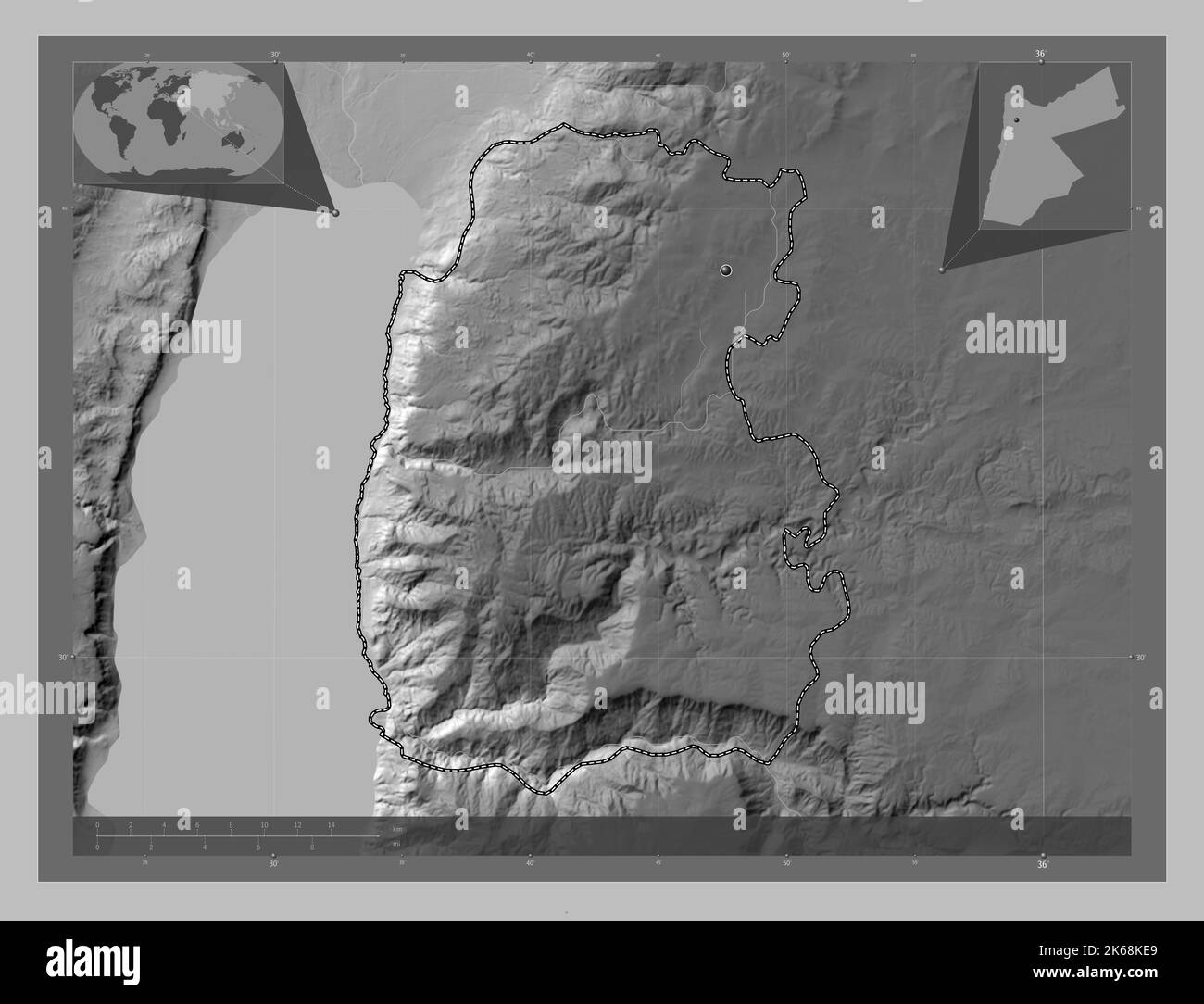 Madaba, province of Jordan. Grayscale elevation map with lakes and ...