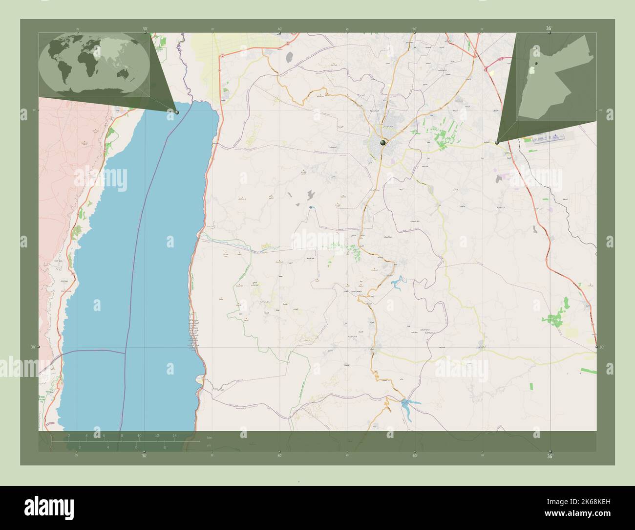 Madaba, province of Jordan. Open Street Map. Corner auxiliary location ...